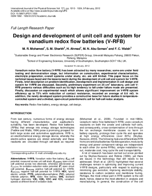 (PDF) Design and development of unit cell and system for vanadium redox flow batteries (V-RFB)