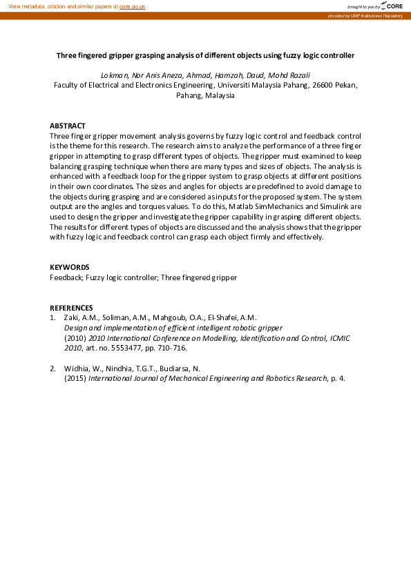 (PDF) Three Fingered Gripper Grasping Analysis of Different Objects Using Fuzzy Logic Controller