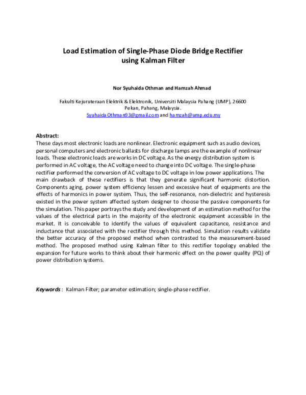 (PDF) Load Estimation of Single-Phase Diode Bridge Rectifier Using Kalman Filter