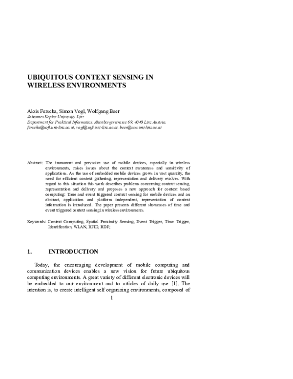 (PDF) Ubiquitous Context Sensing in Wireless Environments | Alois Ferscha - Academia.edu