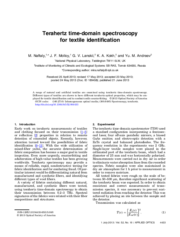 Pdf Terahertz Time Domain Spectroscopy For Textile Identification