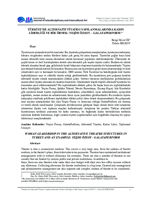 (PDF) Woman Leadership In The Alternative Theatre Structures In Turkey ...