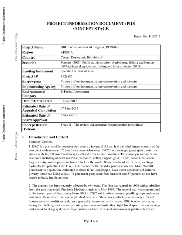 (PDF) Project Information Document (Concept Stage) - DRC Forest ...