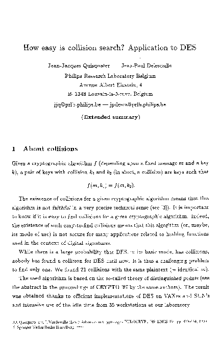 (PDF) How Easy is Collision Search? Application to DES (Extended Summary)