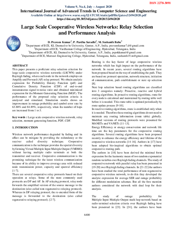 Pdf Large Scale Cooperative Wireless Networks Relay Selection And Performance Analysis