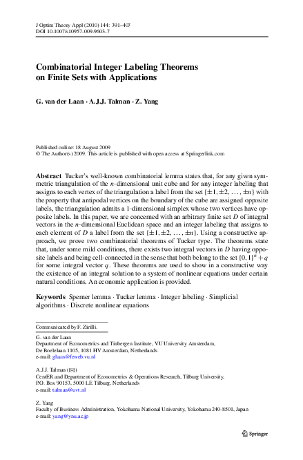 Pdf Combinatorial Integer Labeling Theorems On Finite Sets With Applications
