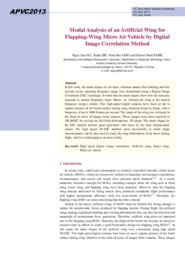 (PDF) Modal Analysis of an Artificial Wing for Flapping-wing Micro Air Vehicle by Digital Image ...