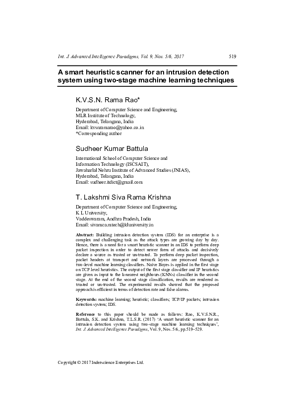 (PDF) A smart heuristic scanner for an intrusion detection system using two-stage machine ...