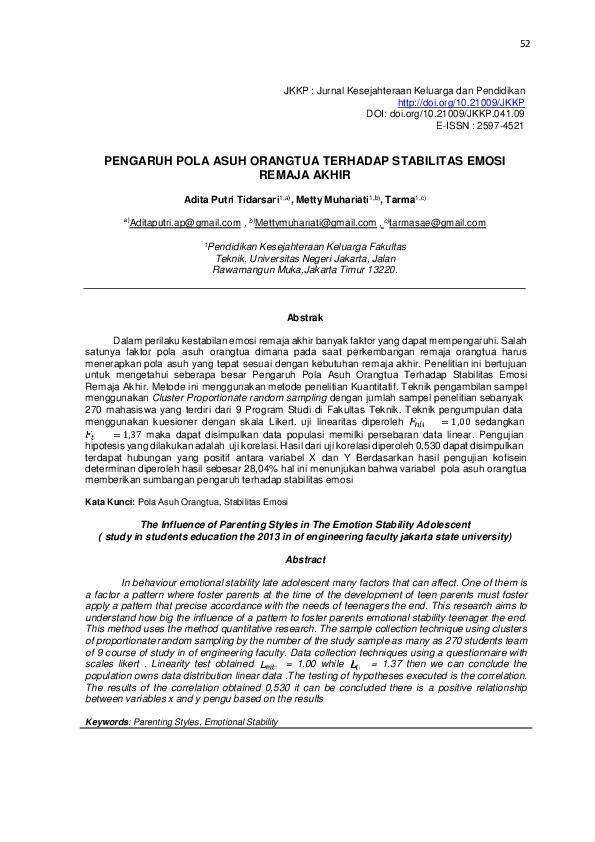 (PDF) Pengaruh Pola Asuh Orangtua Terhadap Stabilitas Emosi Remaja Akhir
