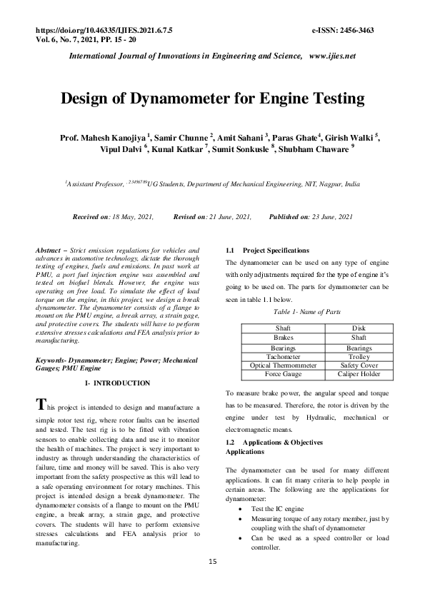 (PDF) Design of Dynamometer for Engine Testing