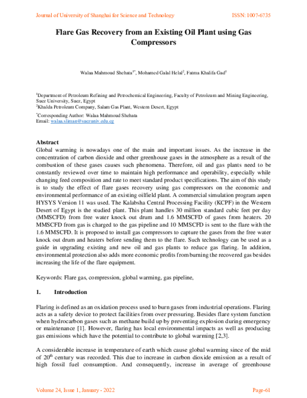 (PDF) Flare Gas Recovery from an Existing Oil Plant using Gas Compressors