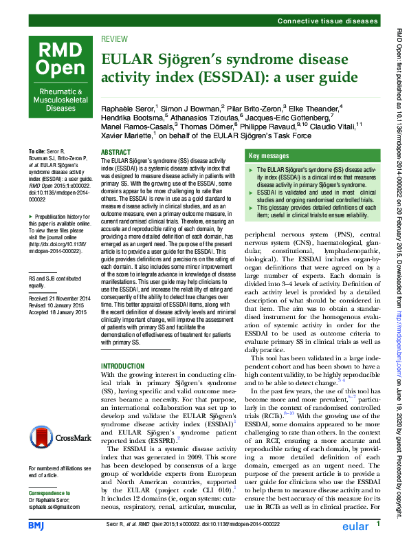 (PDF) EULAR Sjogren's syndrome disease activity index (ESSDAI): a user guide