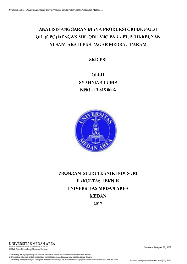 (PDF) ANALISIS ANGGARAN BIAYA PRODUKSI CRUDE PALM OIL (CPO) DENGAN ...