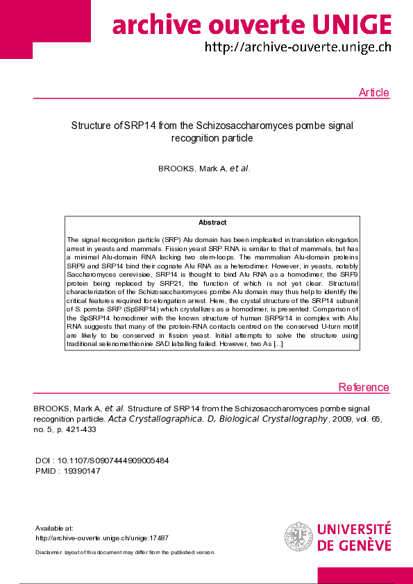 (PDF) Structure of SRP14 from the Schizosaccharomyces pombe signal ...