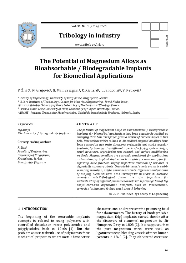 (PDF) The Potential of Magnesium Alloys as Bioabsorbable/Biodegradable ...