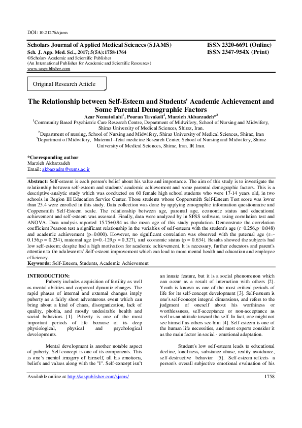 (PDF) The Relationship between Self-esteem and Students’ Academic ...