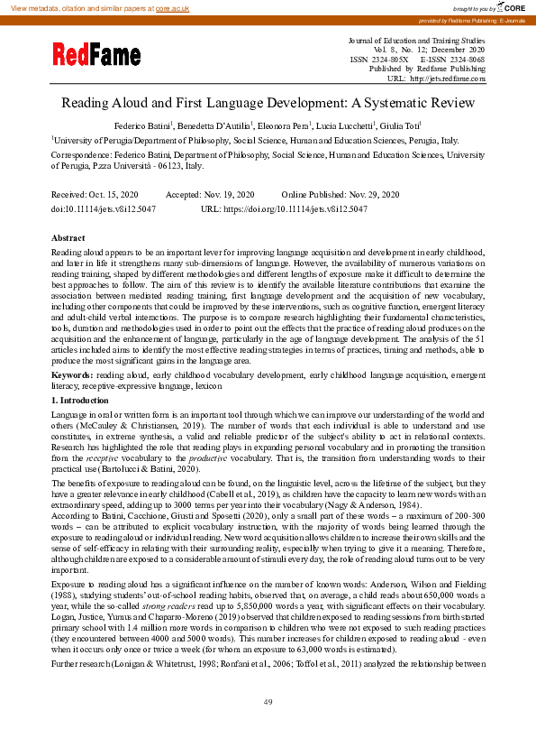 (PDF) Reading Aloud and First Language Development: A Systematic Review | Federico Batini ...