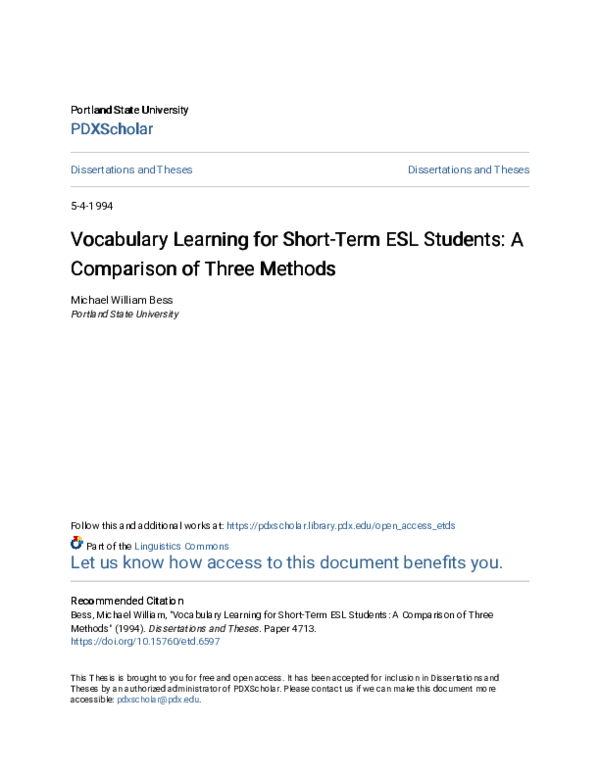(PDF) Comparing Three Vocabulary Learning Methods for ESL Students