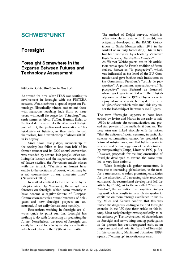 (PDF) Foresight: Foresight Somewhere in the Expanse between Futures and Technology Assessment