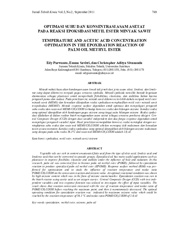(PDF) Temperature and Acetic Acid Concentration Optimation in the Epoxidation Reaction of Palm ...