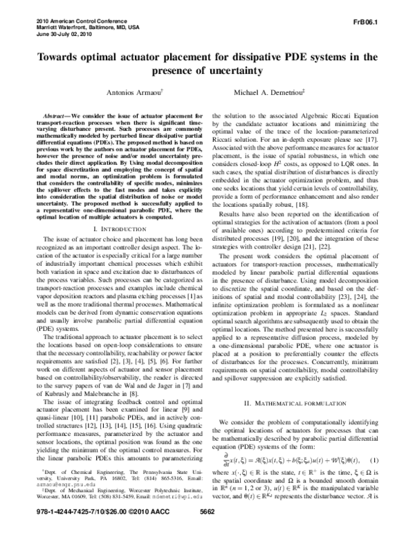 (PDF) Towards optimal actuator placement for dissipative PDE systems in the presence of uncertainty