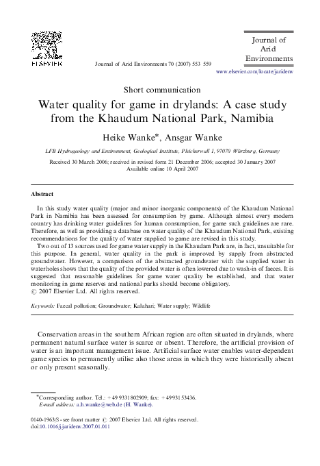 (PDF) Water quality for game in drylands: A case study from the Khaudum National Park, Namibia