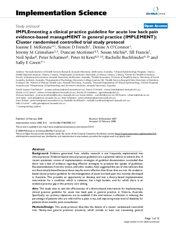 (PDF) IMPLEmenting a clinical practice guideline for acute low back pain evidence-based ...