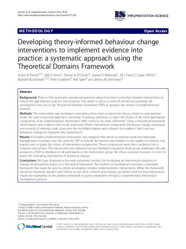 (PDF) Developing theory-informed behaviour change interventions to implement evidence into ...