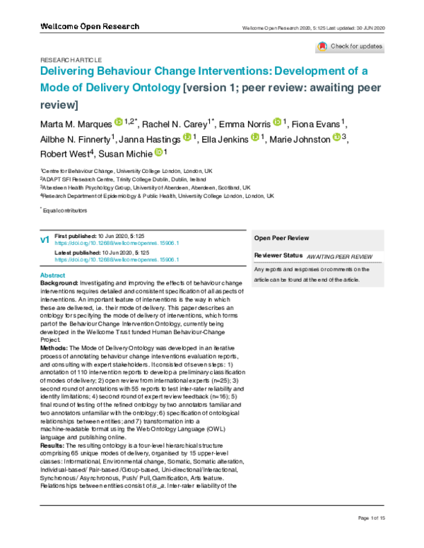 (PDF) Delivering Behaviour Change Interventions: Development of a Mode of Delivery Ontology