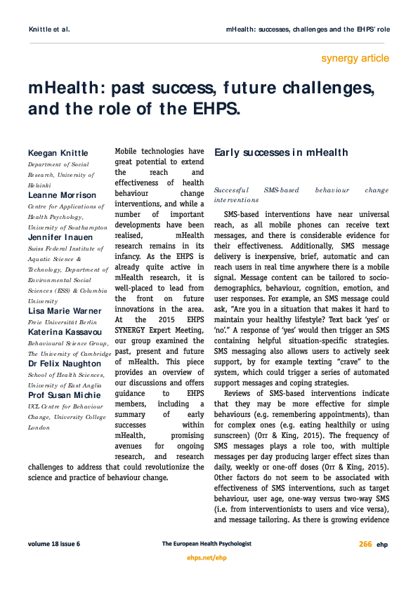 (PDF) mHealth: past success, future challenges, and the role of the EHPS