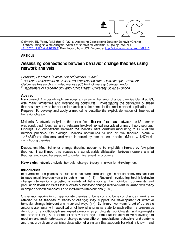 (PDF) Assessing Connections Between Behavior Change Theories Using ...