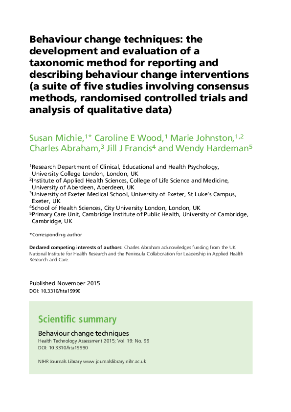 (PDF) Behaviour change techniques: the development and evaluation of a ...