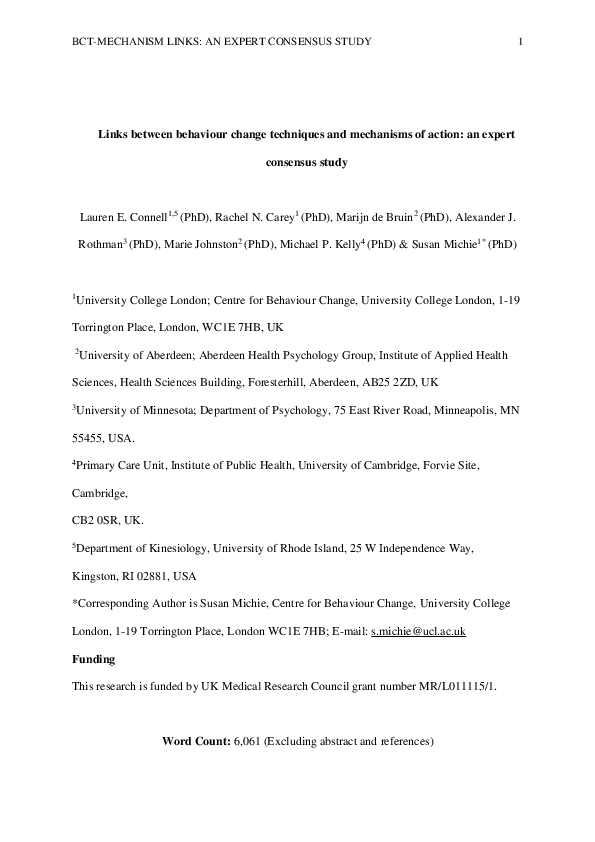 (PDF) Links between behaviour change techniques and mechanisms of action: an expert consensus study