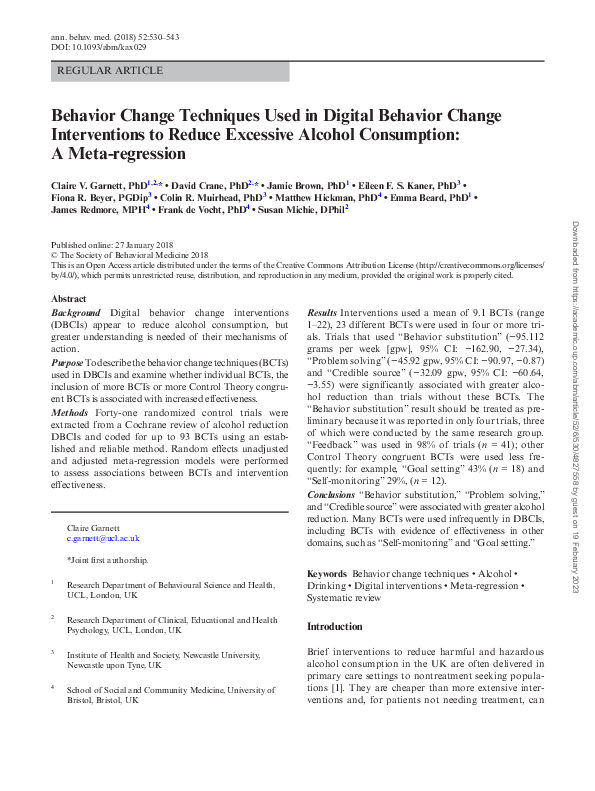 (PDF) Behavior Change Techniques Used in Digital Behavior Change Interventions to Reduce ...