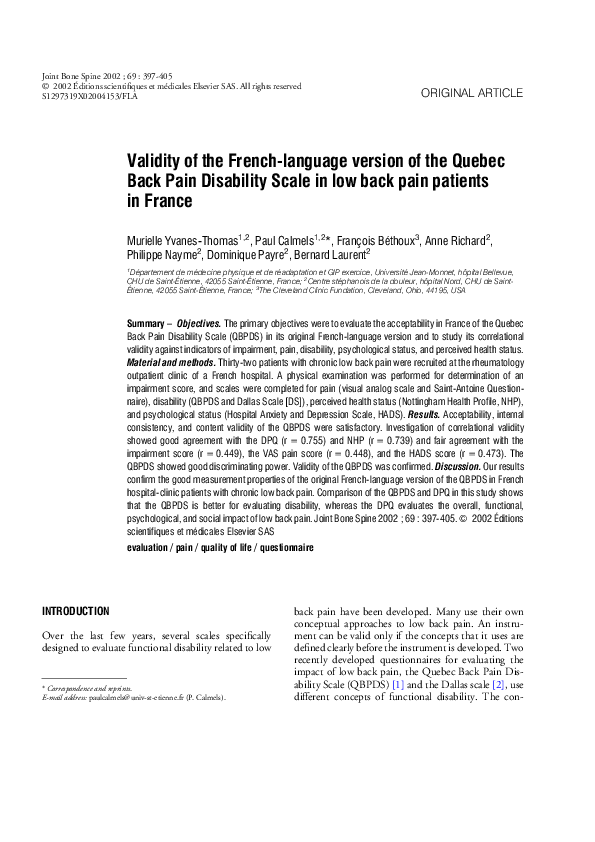 (PDF) Validity of the French-language version of the Quebec Back Pain ...