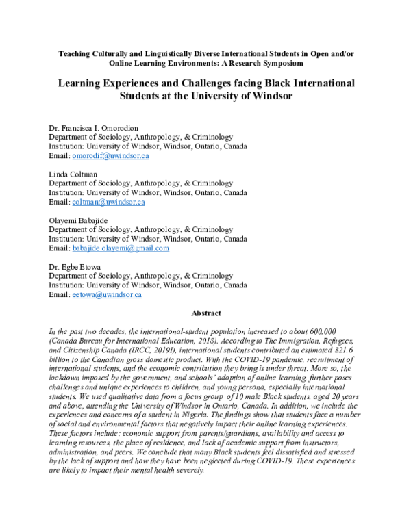 (PDF) Learning Experiences and Challenges facing Black International Students at the University ...