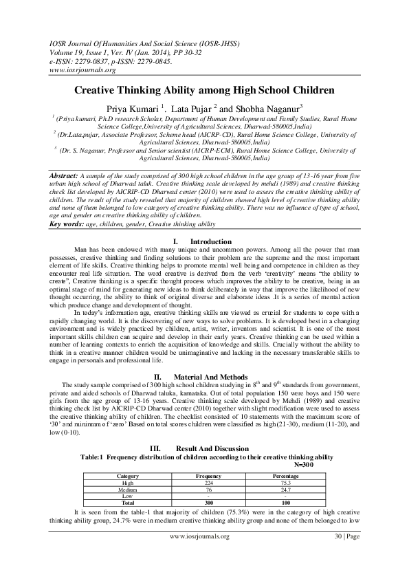 (PDF) Creative Thinking Ability among High School Children