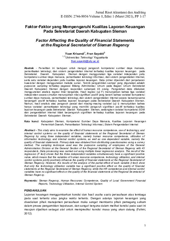 (PDF) Faktor-Faktor yang Mempengaruhi Kualitas Laporan Keuangan Pada Sekretariat Daerah ...