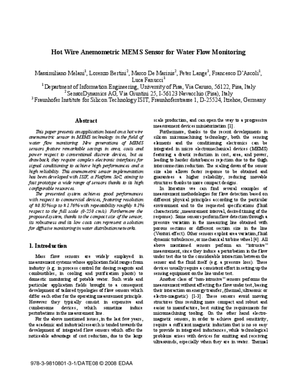 (PDF) Hot Wire Anemometric MEMS Sensor for Water Flow Monitoring