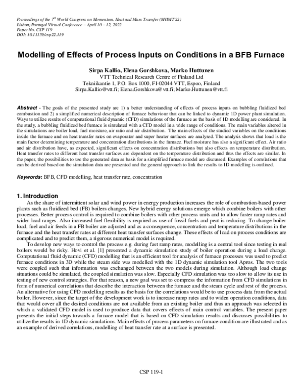 (PDF) Modelling of Effects of Process Inputs on Conditions in a BFB Furnace