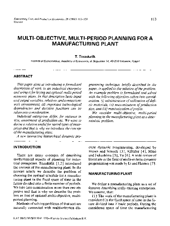 (PDF) Multi-objective, multi-period planning for a manufacturing plant (PDF) Multi-objective, multi-period planning for a manufacturing plant