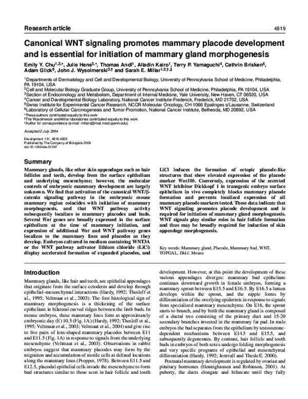 (PDF) Canonical WNT signaling promotes mammary placode development and ...