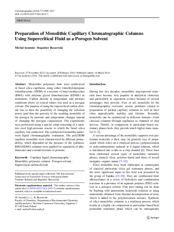 (PDF) Preparation of Monolithic Capillary Chromatographic Columns Using ...