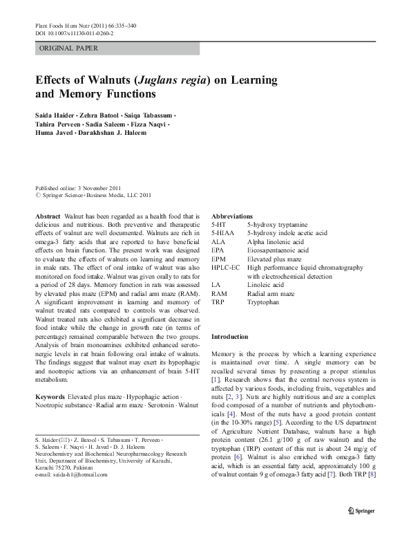 (PDF) Effects of Walnuts (Juglans regia) on Learning and Memory Functions