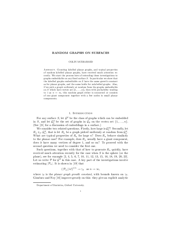 (PDF) Random graphs on surfaces | Colin McDiarmid - Academia.edu