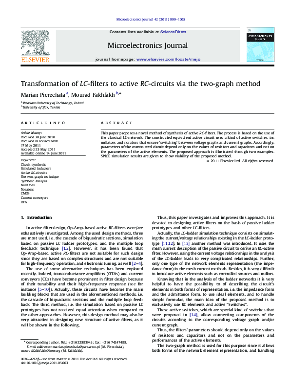(PDF) Transformation of LC-filters to active RC-circuits via the two ...