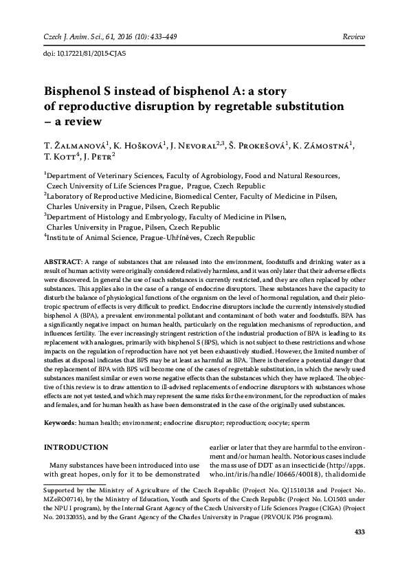 (PDF) Bisphenol S instead of bisphenol A: a story of reproductive disruption by regretable ...