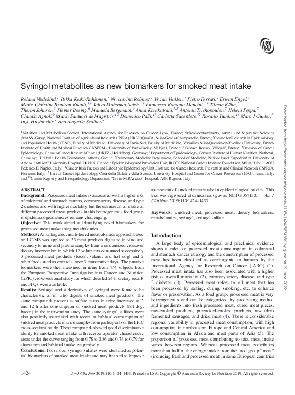 (PDF) Syringol Metabolites: New Biomarkers for Processed Meat Intake