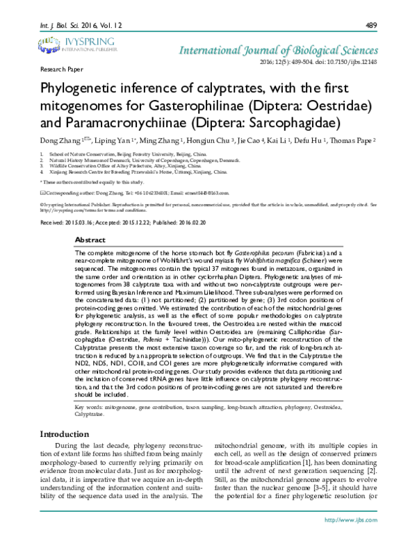 (PDF) Phylogenetic inference of calyptrates, with the first mitogenomes ...