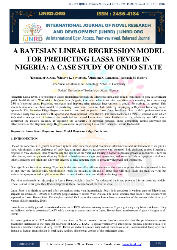 (PDF) A BAYESIAN LINEAR REGRESSION MODEL FOR PREDICTING LASSA FEVER IN NIGERIA: A CASE STUDY OF ...